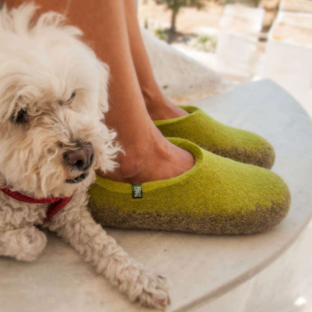 Mens felted slippers OLIVE GREEN lime by Wooppers